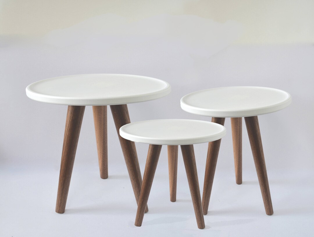 Round Side Table Rimed Top in White With 3 Tapered Solid Walnut Wood ...