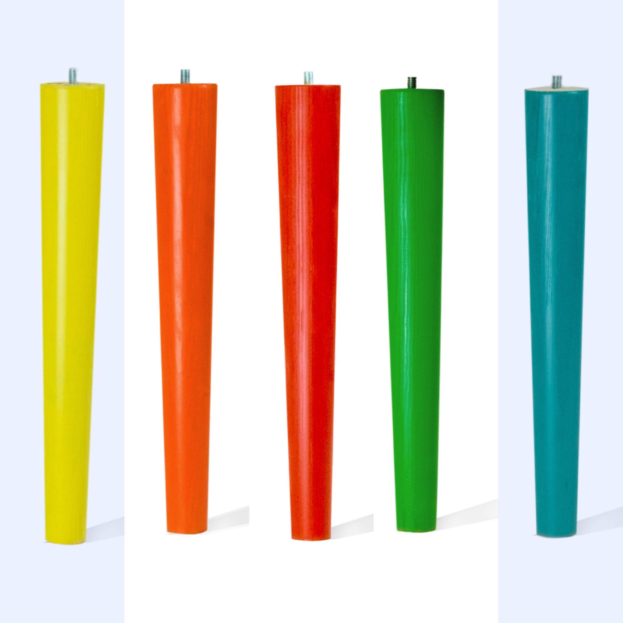 Tapered wooden table leg in yellow, orange red, green and teal blue ...