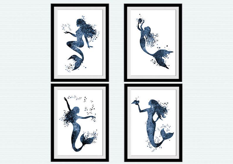Mermaid Poster Set of 4 Mermaid Print Nautical Blue Decor Sea | Etsy
