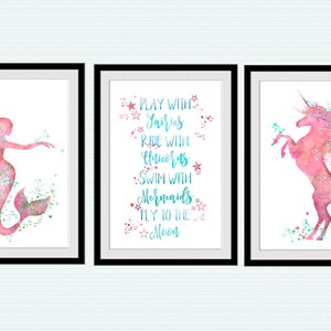 Mermaid Poster Set of 3 Play With Fairies Print Wall Art Home Decor ...