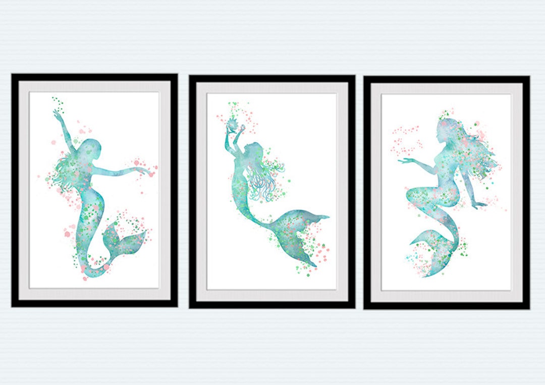 Mermaid Poster Set of 3 Mermaid Print Bathroom Decor Mermaid Watercolor ...