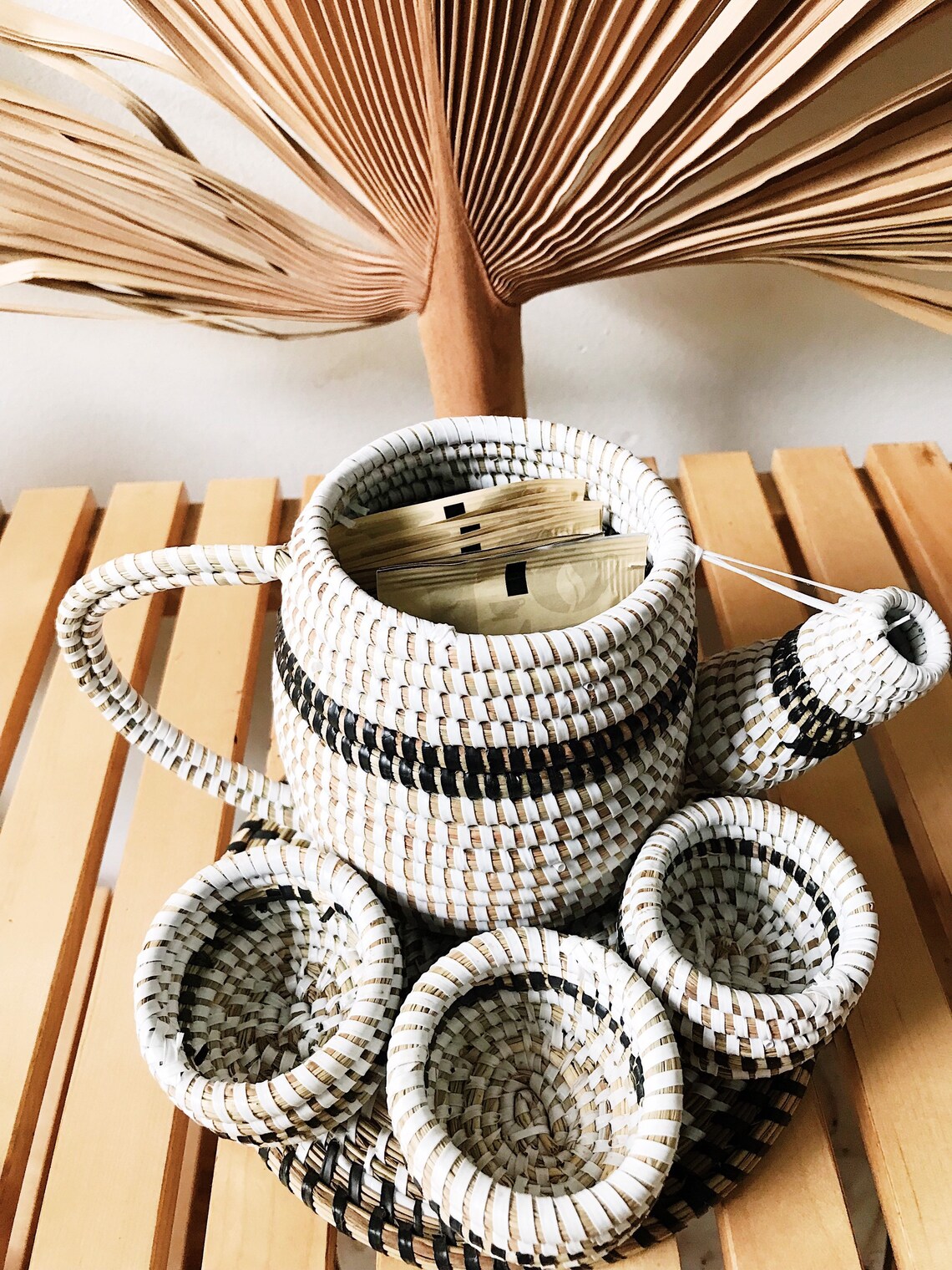 Woven Tea Set Basket- Black + White // African Wicker Bag, Afrocentric ...