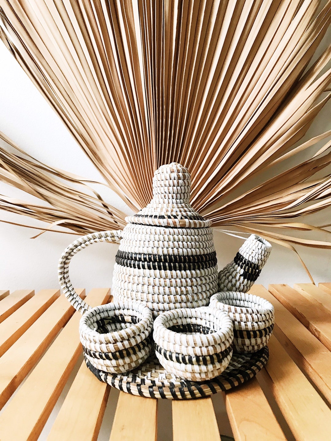 Woven Tea Set Basket- Black + White // African Wicker Bag, Afrocentric ...
