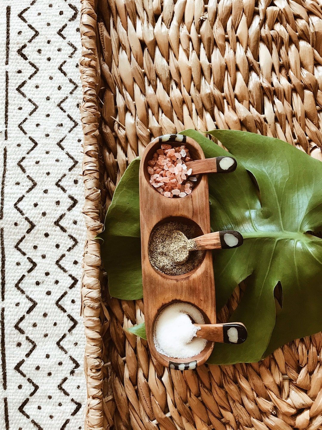 Triple Batik Spice Bowl & Spoon// African Goods, Wood Serving Bowls ...
