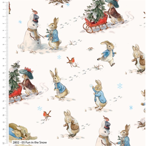 Peter Rabbit Snow Sledging Fun Snowman on White 100% Cotton - Etsy UK