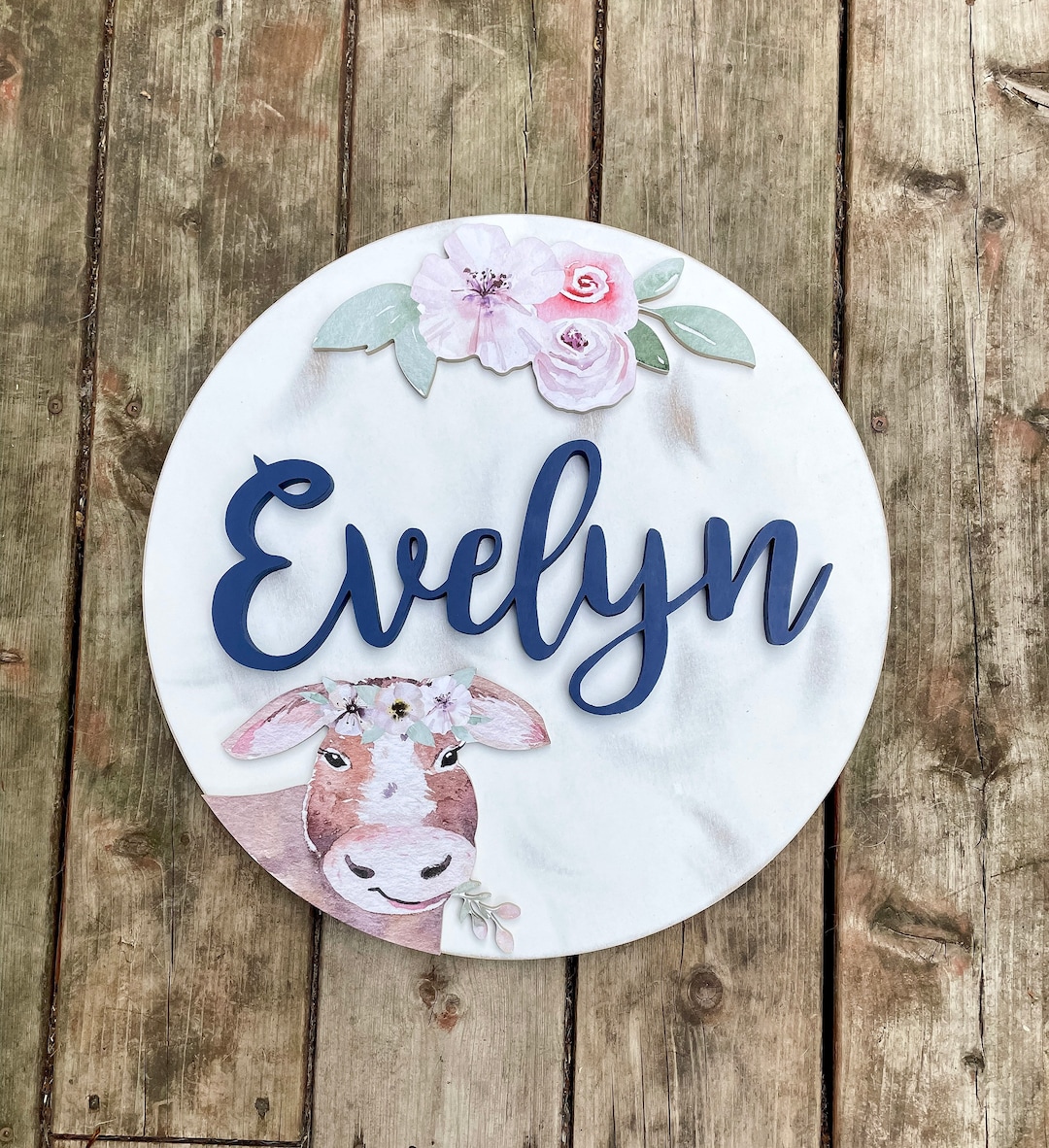 Cow Baby Gift Custom, Cow Name Sign Wood Round, Farm Animal Nursery ...