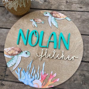 Sea Turtle Nursery Decor, 16" Round, Sea Turtle Name Sign Wood, Baby ...