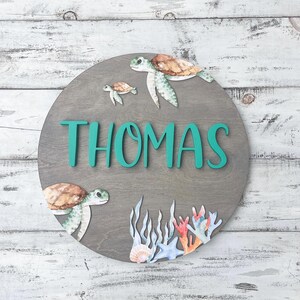 Sea Turtle Nursery Decor, 16" Round, Sea Turtle Name Sign Wood, Baby ...