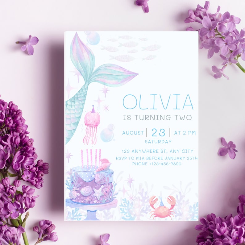Editable Mermaid Invitation | Canva Template | Pastel Mermaid Party ...