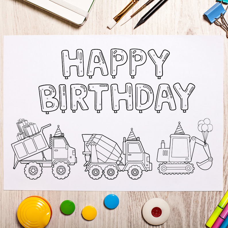 Printable Construction Coloring Pages, Birthday Coloring Page Bundle ...