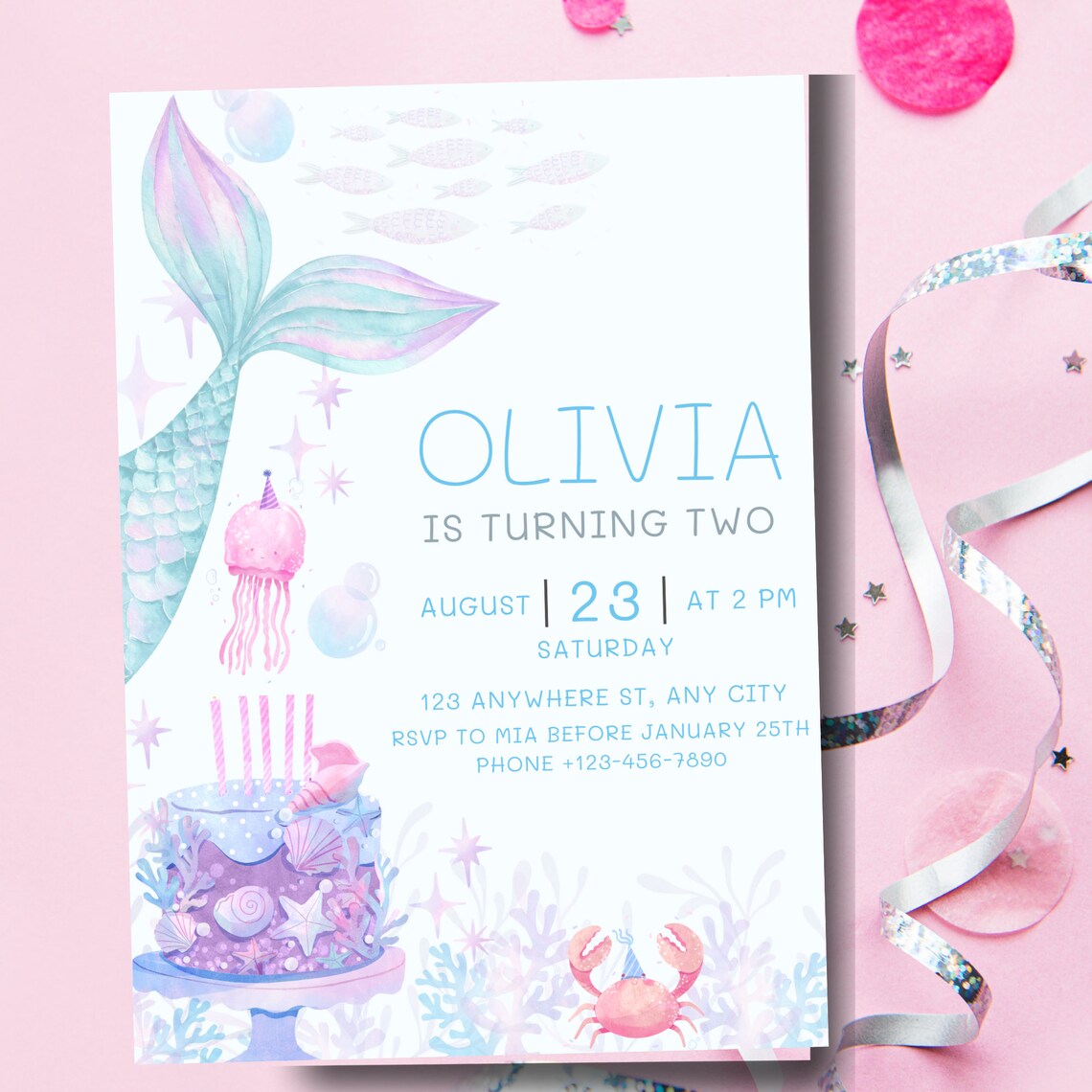 Editable Mermaid Invitation Canva Template Pastel Mermaid Party Theme ...