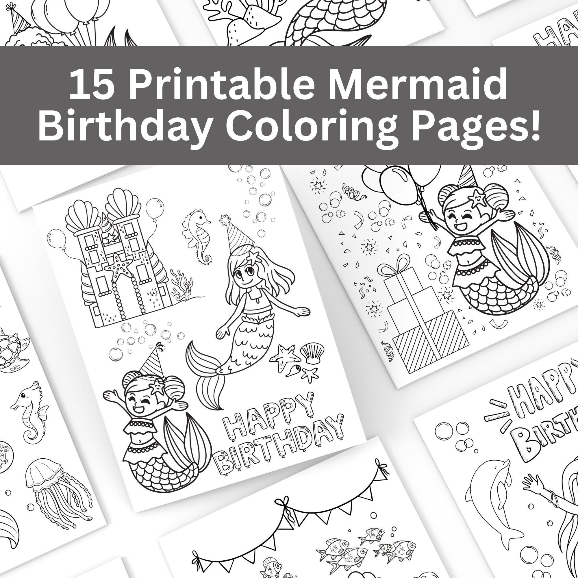Mermaid Birthday Coloring Page Bundle, Birthday Coloring Page Bundle ...