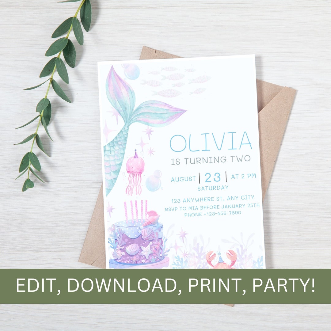 Editable Mermaid Invitation | Canva Template | Pastel Mermaid Party ...