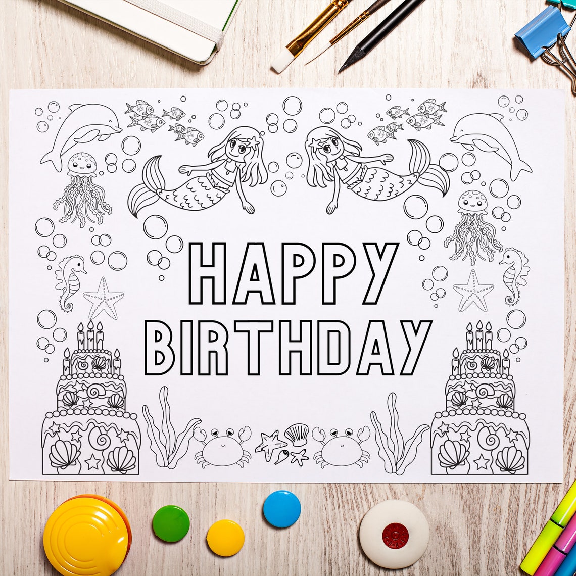 Mermaid Birthday Coloring Page Bundle, Birthday Coloring Page Bundle ...