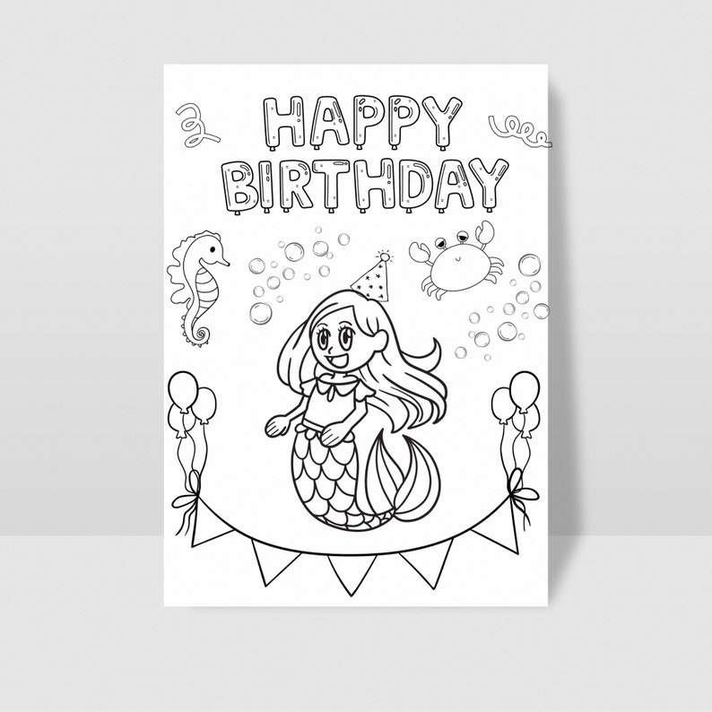Mermaid Birthday Coloring Page Bundle, Birthday Coloring Page Bundle ...