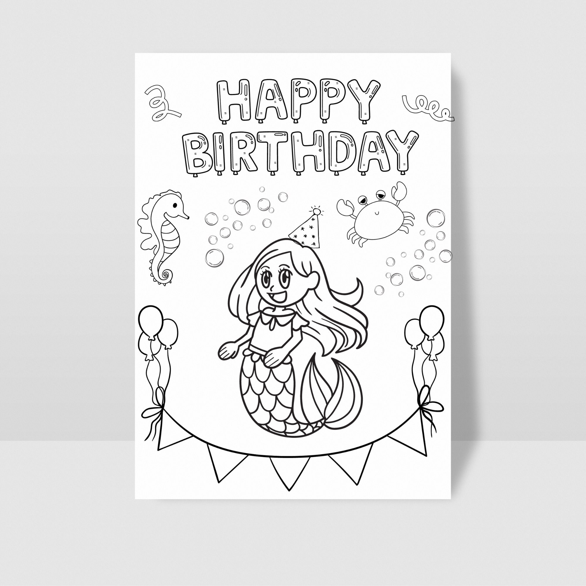 Mermaid Birthday Coloring Page Bundle, Birthday Coloring Page Bundle ...