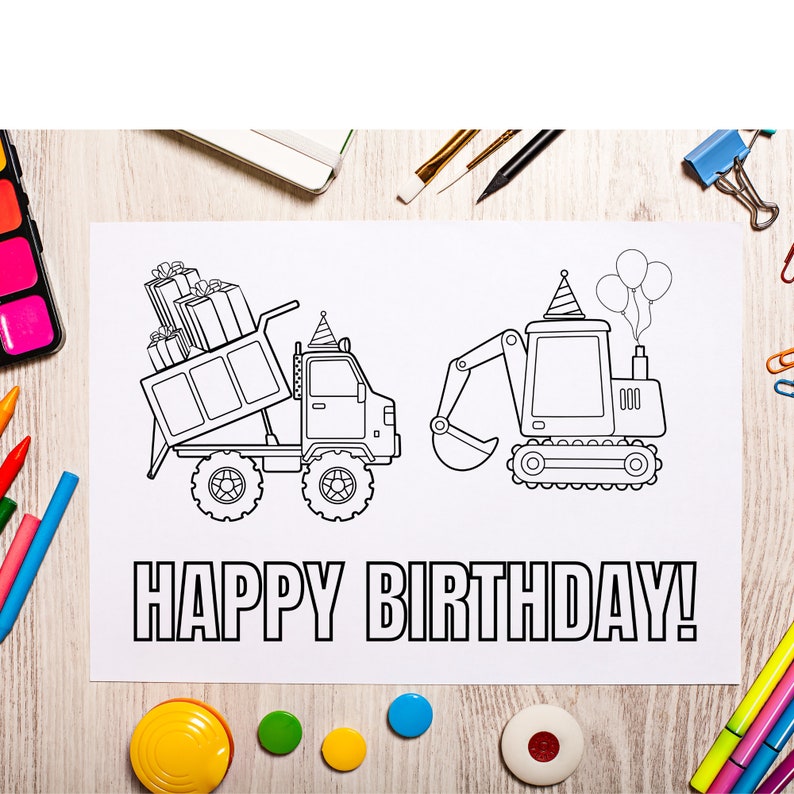 Printable Construction Coloring Pages, Birthday Coloring Page Bundle ...