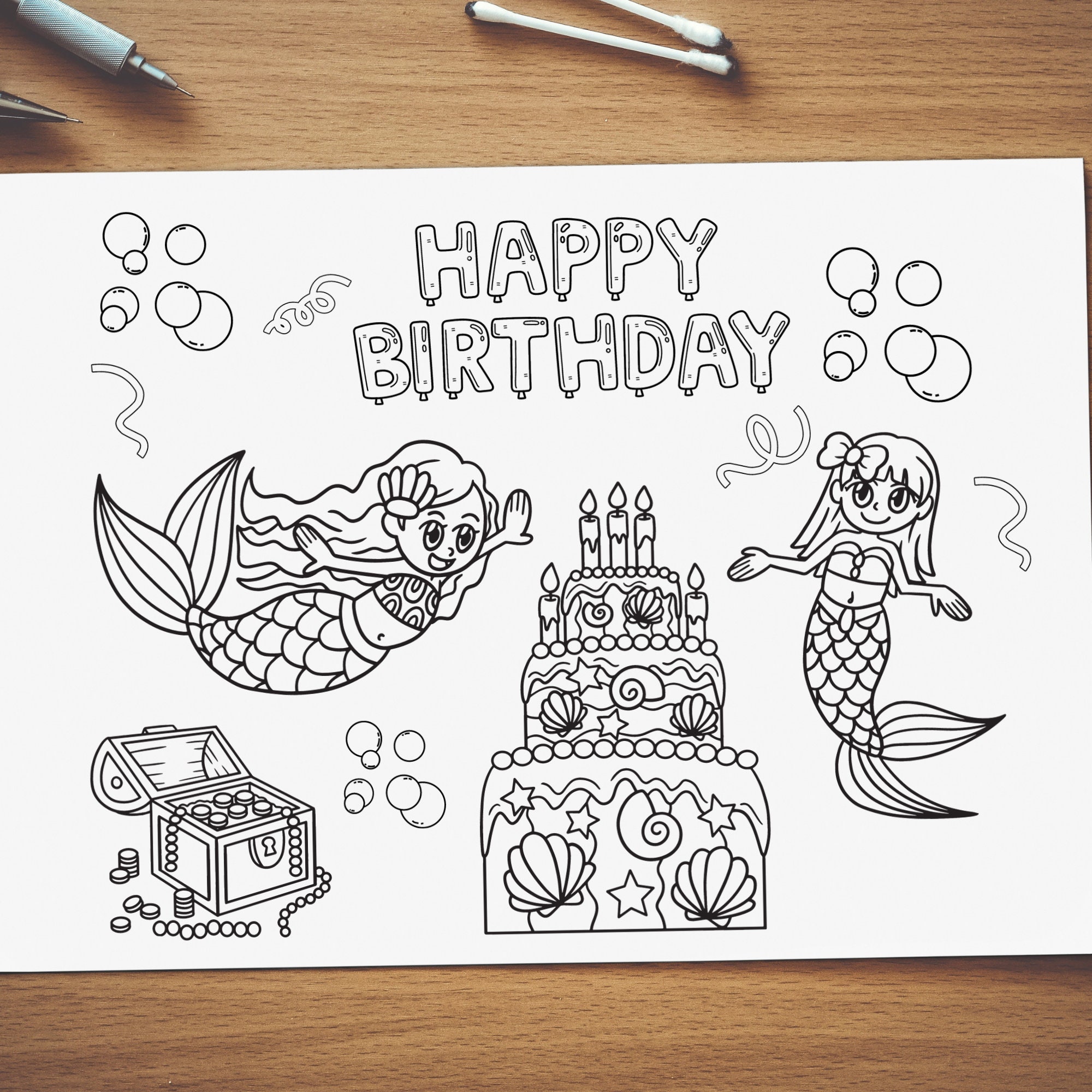 Mermaid Birthday Coloring Page Bundle, Birthday Coloring Page Bundle ...