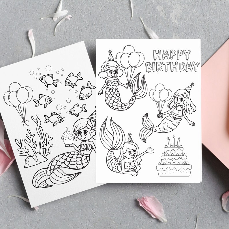 Mermaid Birthday Coloring Page Bundle, Birthday Coloring Page Bundle ...