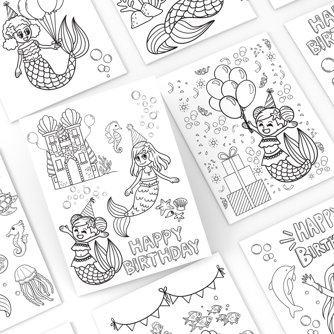 Mermaid Birthday Coloring Page Bundle, Birthday Coloring Page Bundle ...