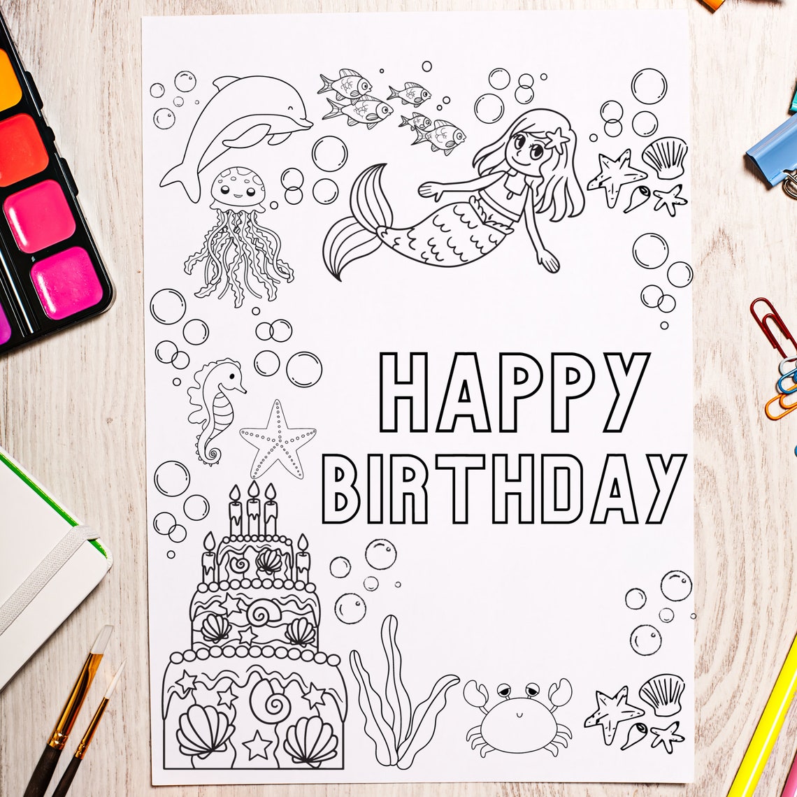 Mermaid Birthday Coloring Page Bundle, Birthday Coloring Page Bundle ...