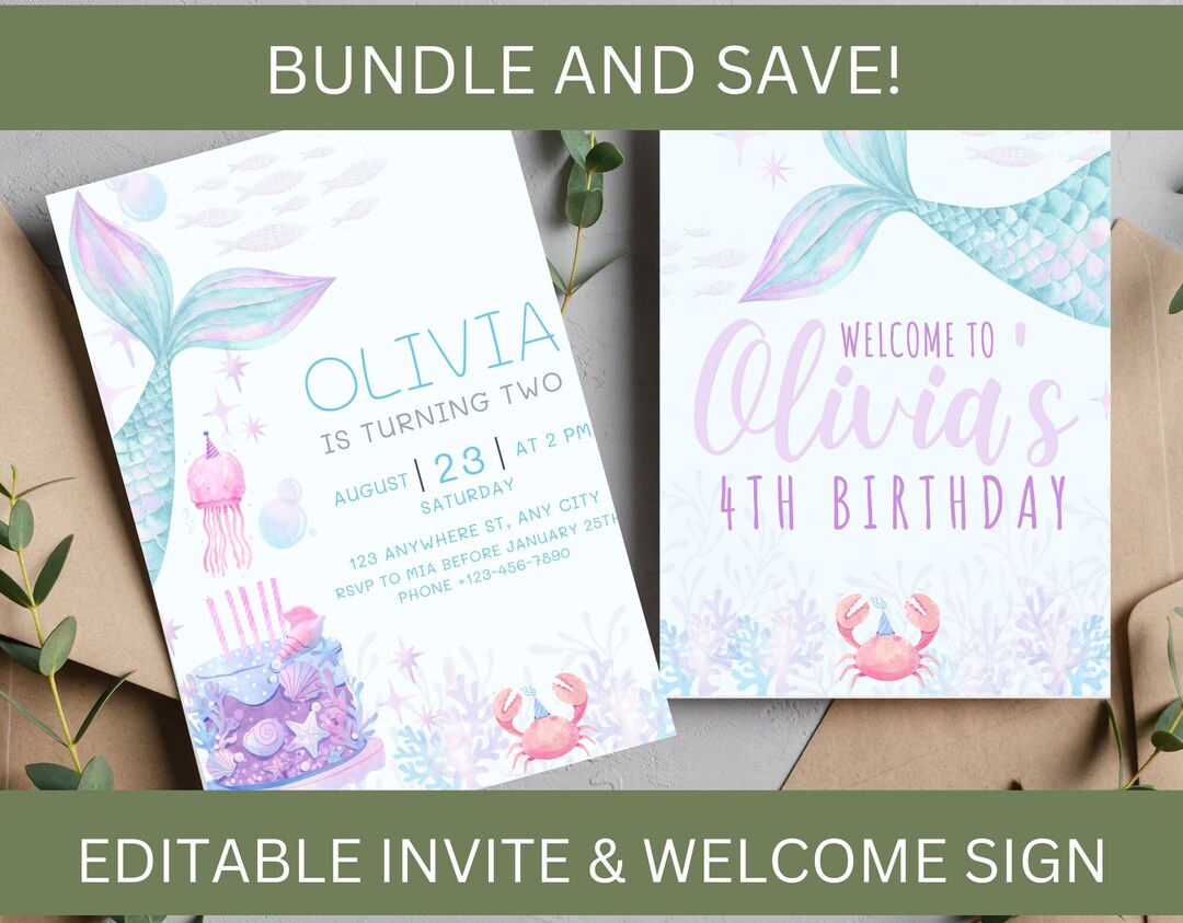 Editable Mermaid Party Bundle | Mermaid Invitation | Mermaid Welcome ...