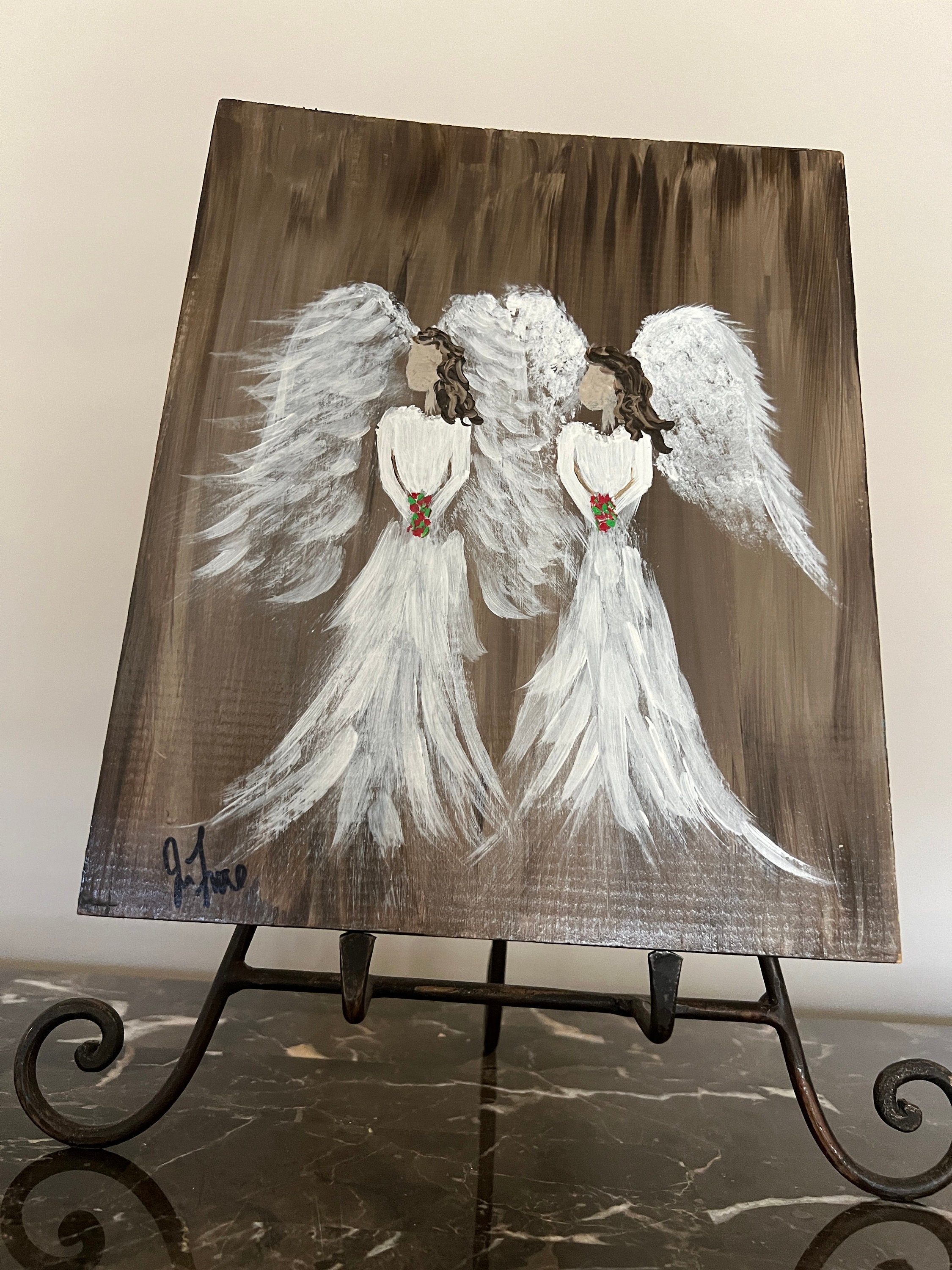 Two Beautiful Angels in White, Acrylic Painting on Wood, One-of-a-kind ...