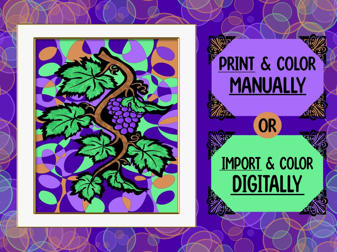 GRAPES Coloring Page, Pdf Jpg Png, GRAPEVINE SWIRLS, 8.5" X 11 ...