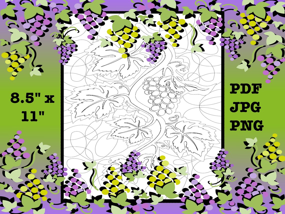 GRAPES Coloring Page, Pdf Jpg Png, GRAPEVINE SWIRLS, 8.5" X 11 ...