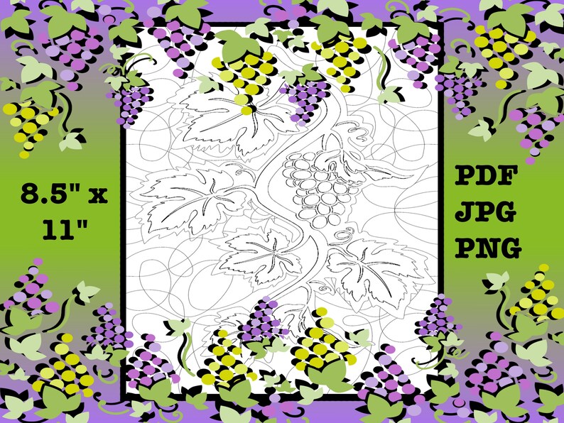 GRAPES Coloring Page, Pdf Jpg Png, GRAPEVINE SWIRLS, 8.5 X 11, Digital ...