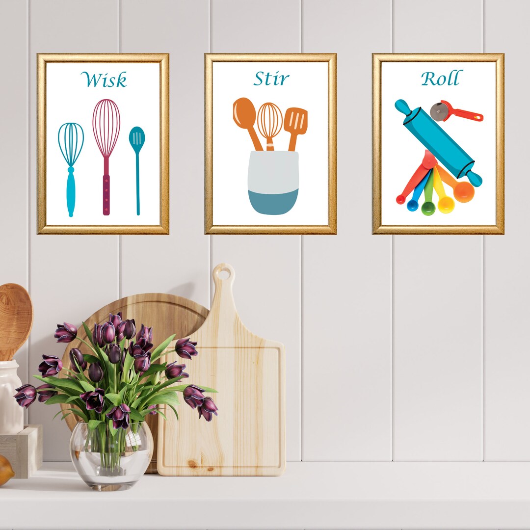 Kitchen Set of Three Utensils for Cooking Digital Prints With Rolling ...