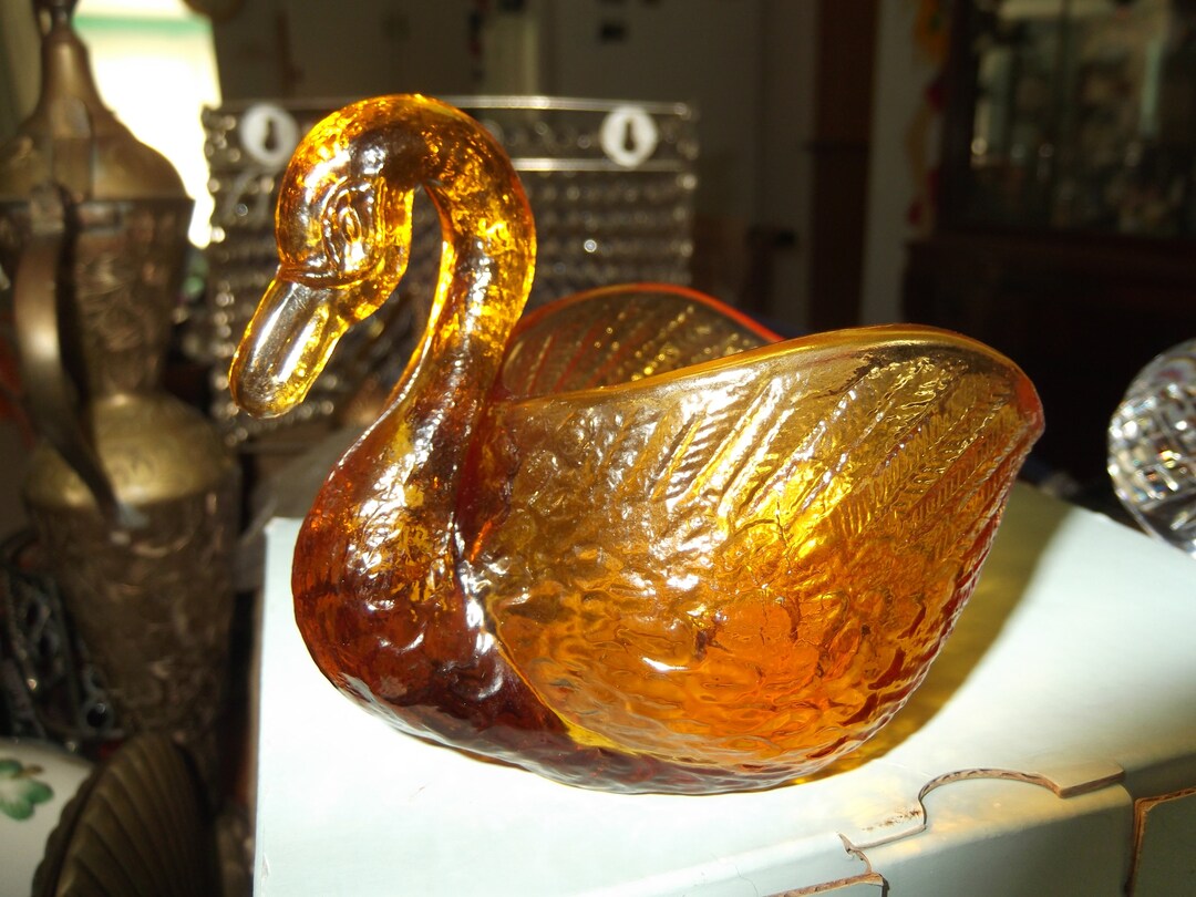 Vintage Amber Glass Swan Figurine Open Back Amber In Colorperfect Little Dish For Jewelry