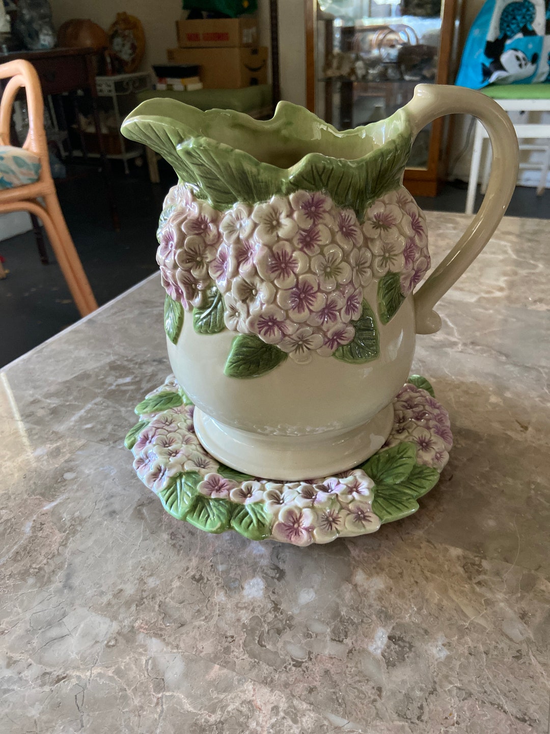 Vintage Hydrangeas Pitcher and Plate Raised Ceramic Flowers and Leaves ...