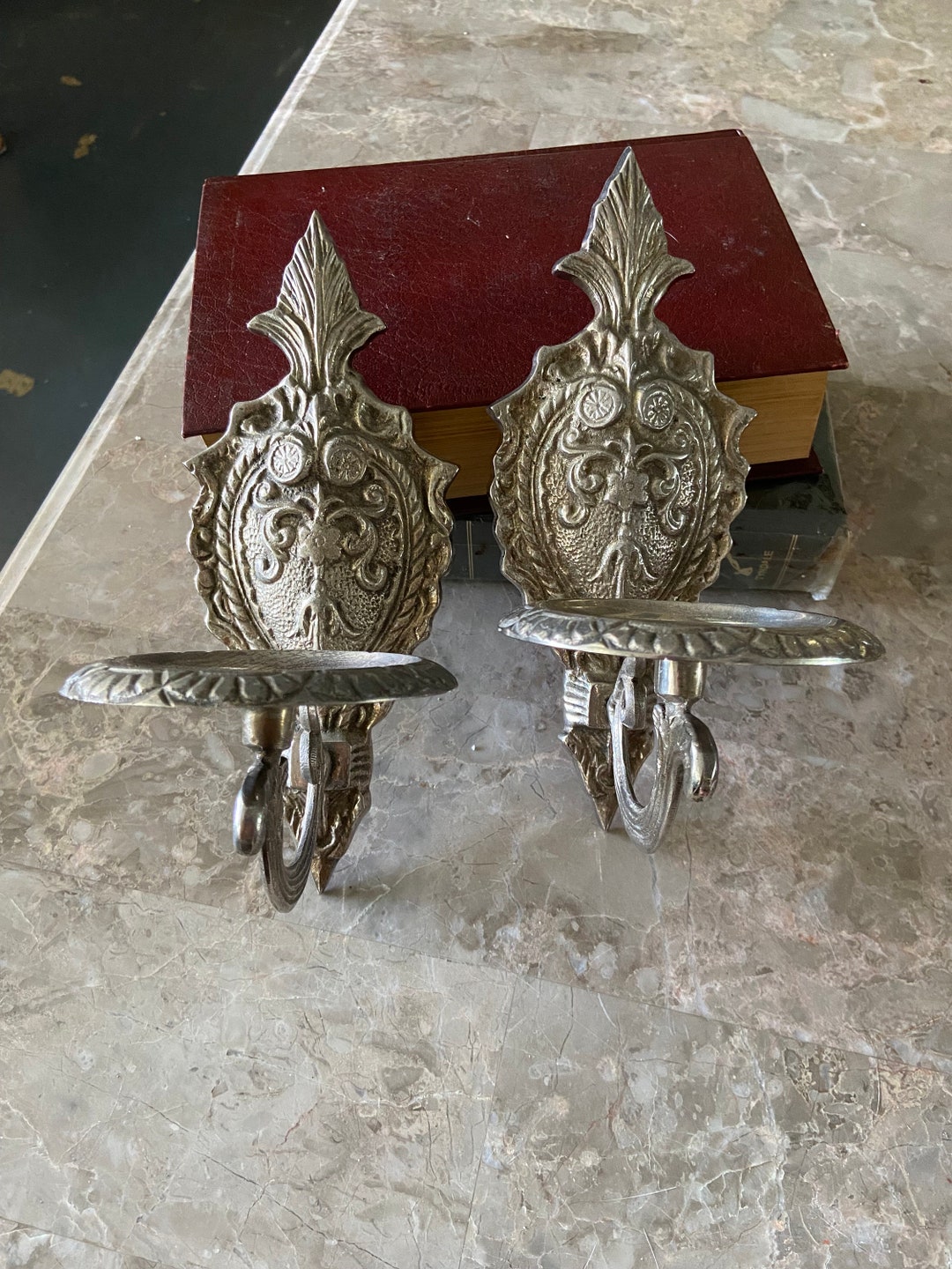 Vintage Wall Sconce Pair Ornate Silver Over Brass Metal Candleholder ...