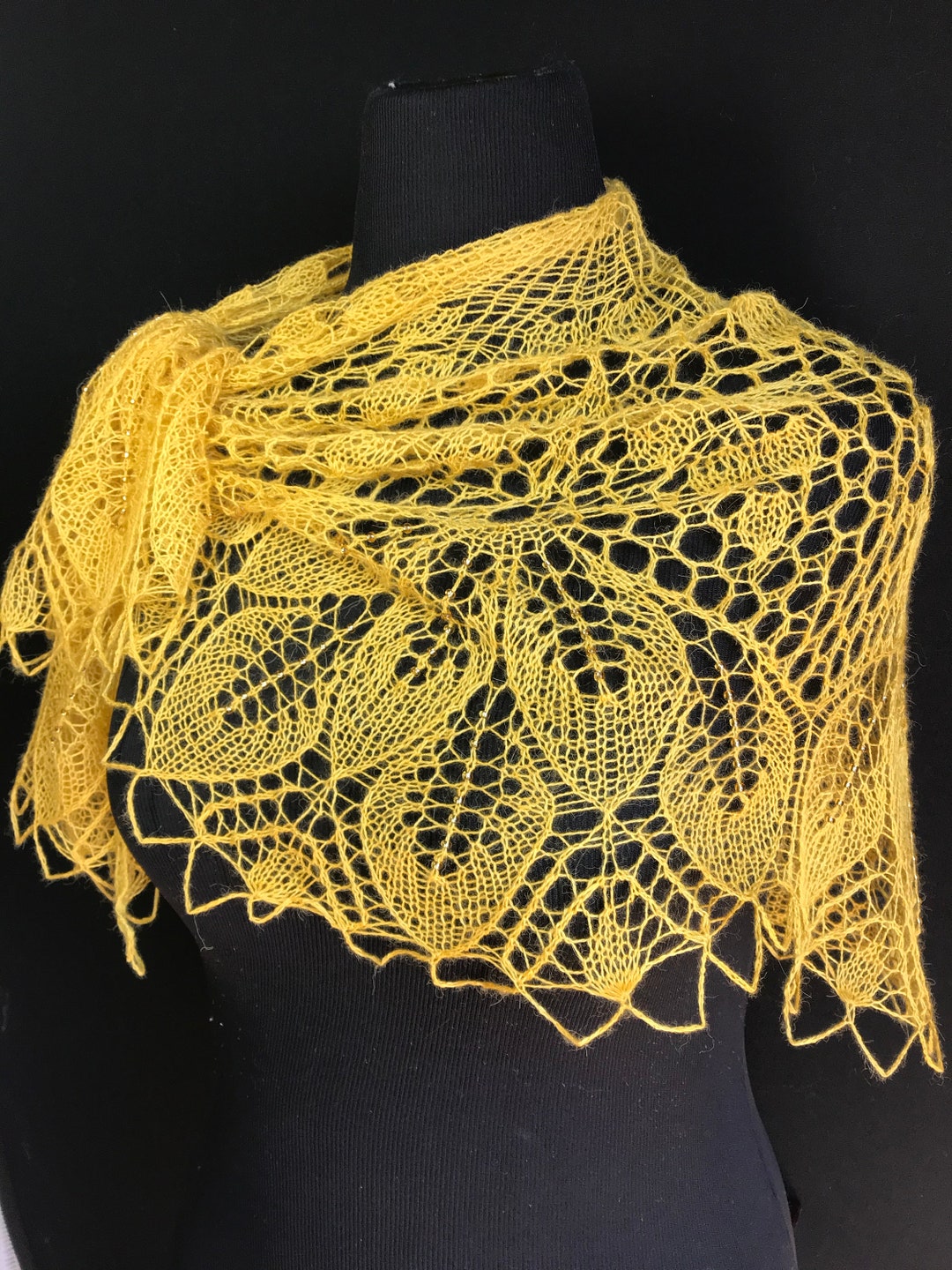 Handknit Lace Shawlette Gold Yellow Glass Beaded Shoulder Wrap Shawl ...