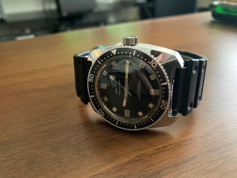 Vintage 1969 Belair Seapearl Diver Watch, Stainless Steel Black Band - Etsy