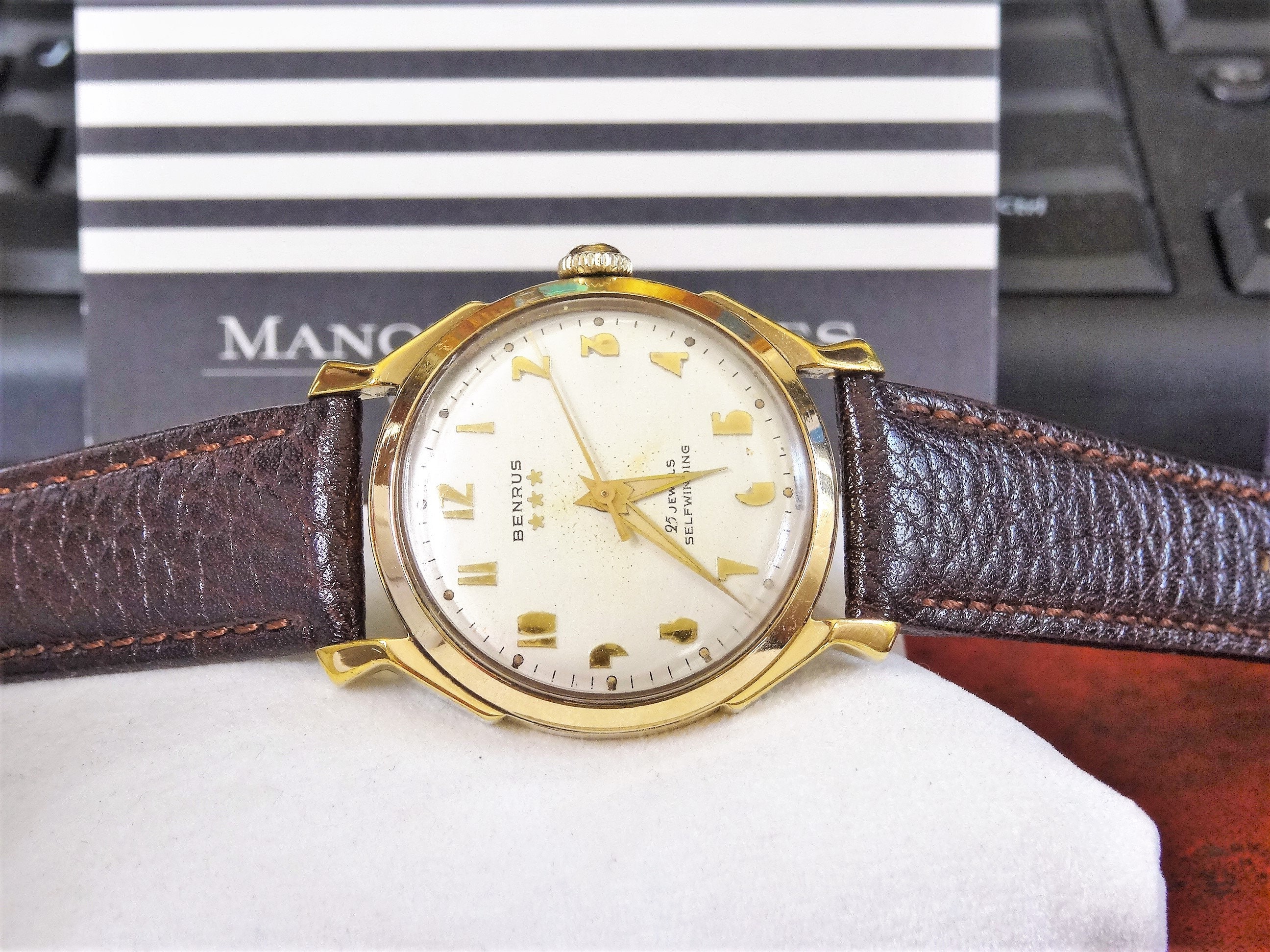 Vtg Benrus G.F. 3 Star Automatic Swiss 25-J Men's Watch W/ 18mm Leather ...