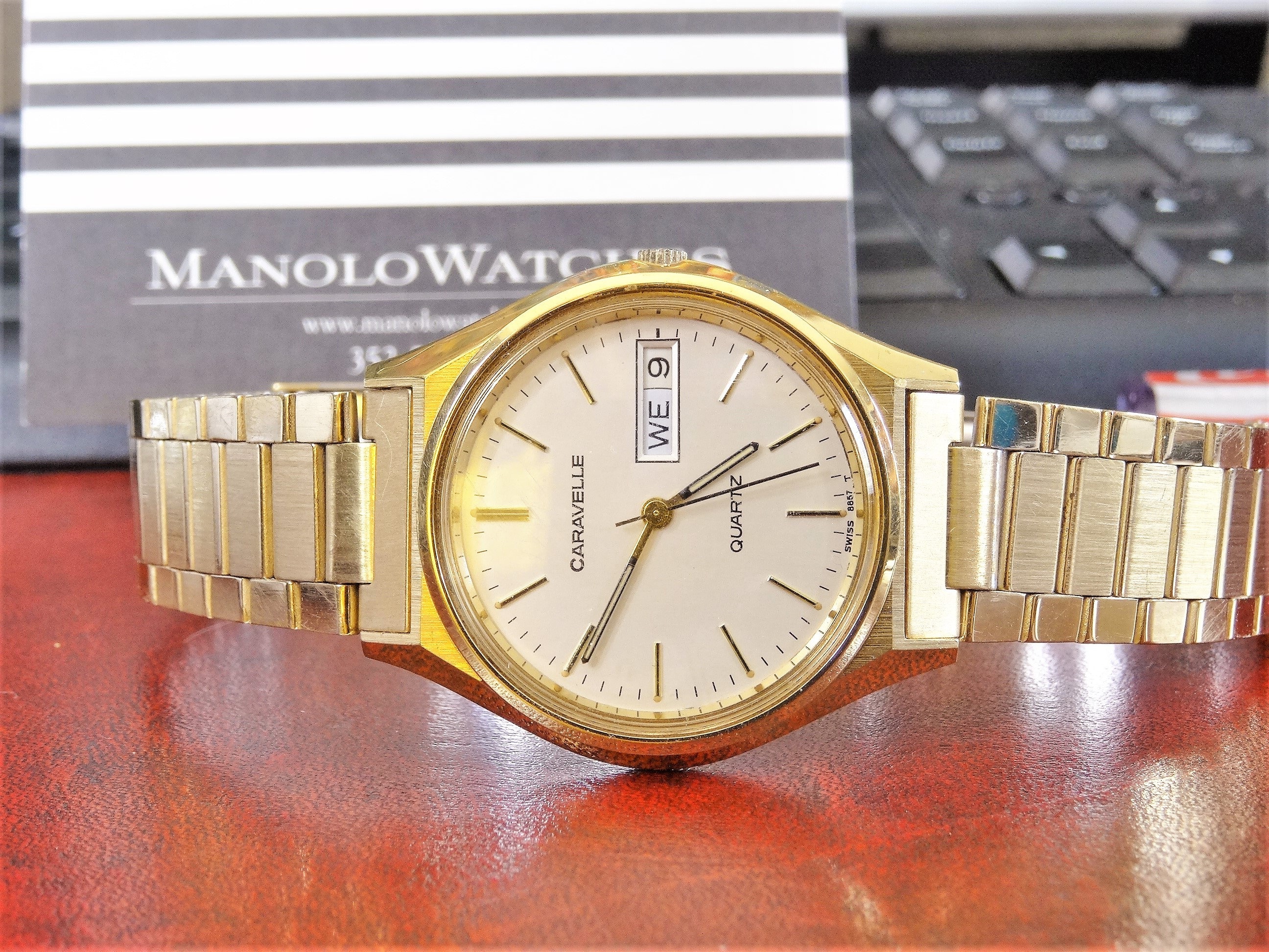 Retro 1990 Caravelle Gold Tone English/spanish Calendar Men's Watch W ...