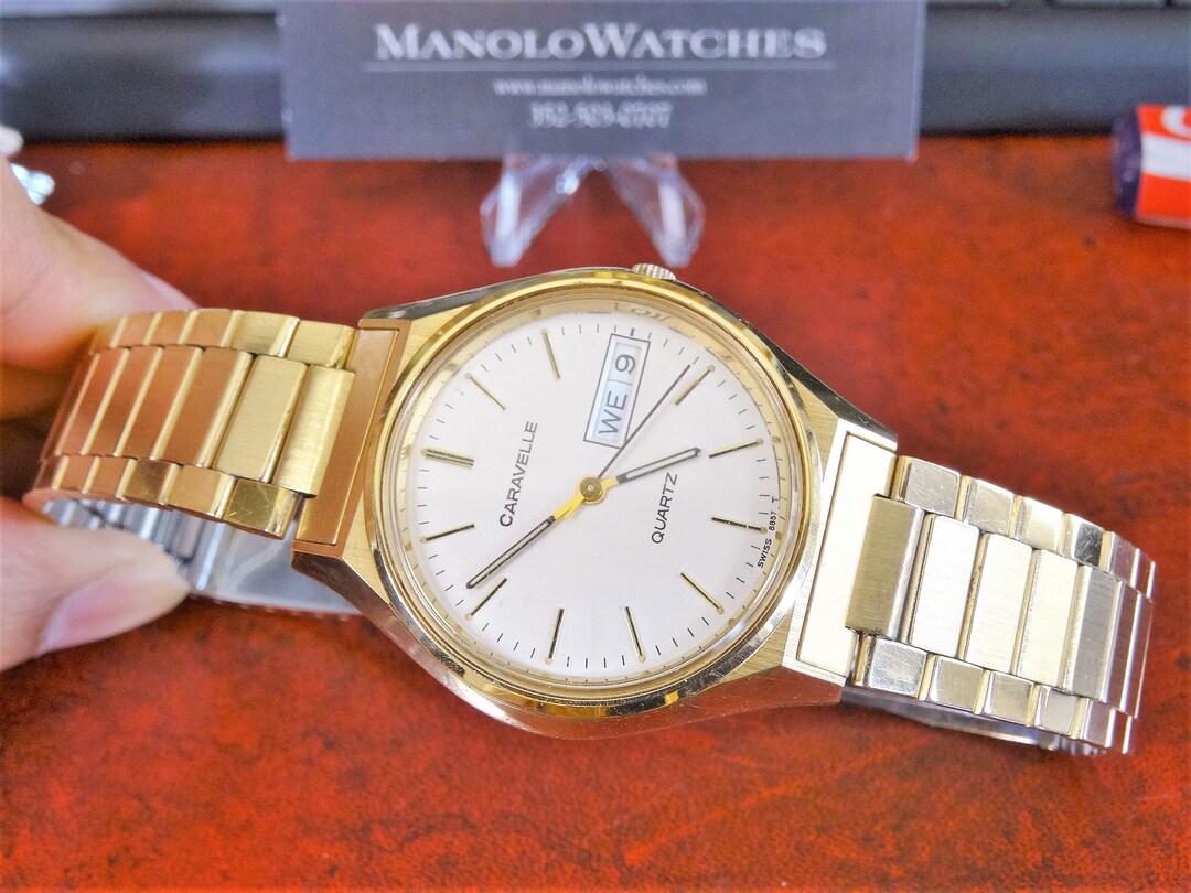 Retro 1990 Caravelle Gold Tone English/spanish Calendar Men's Watch W ...
