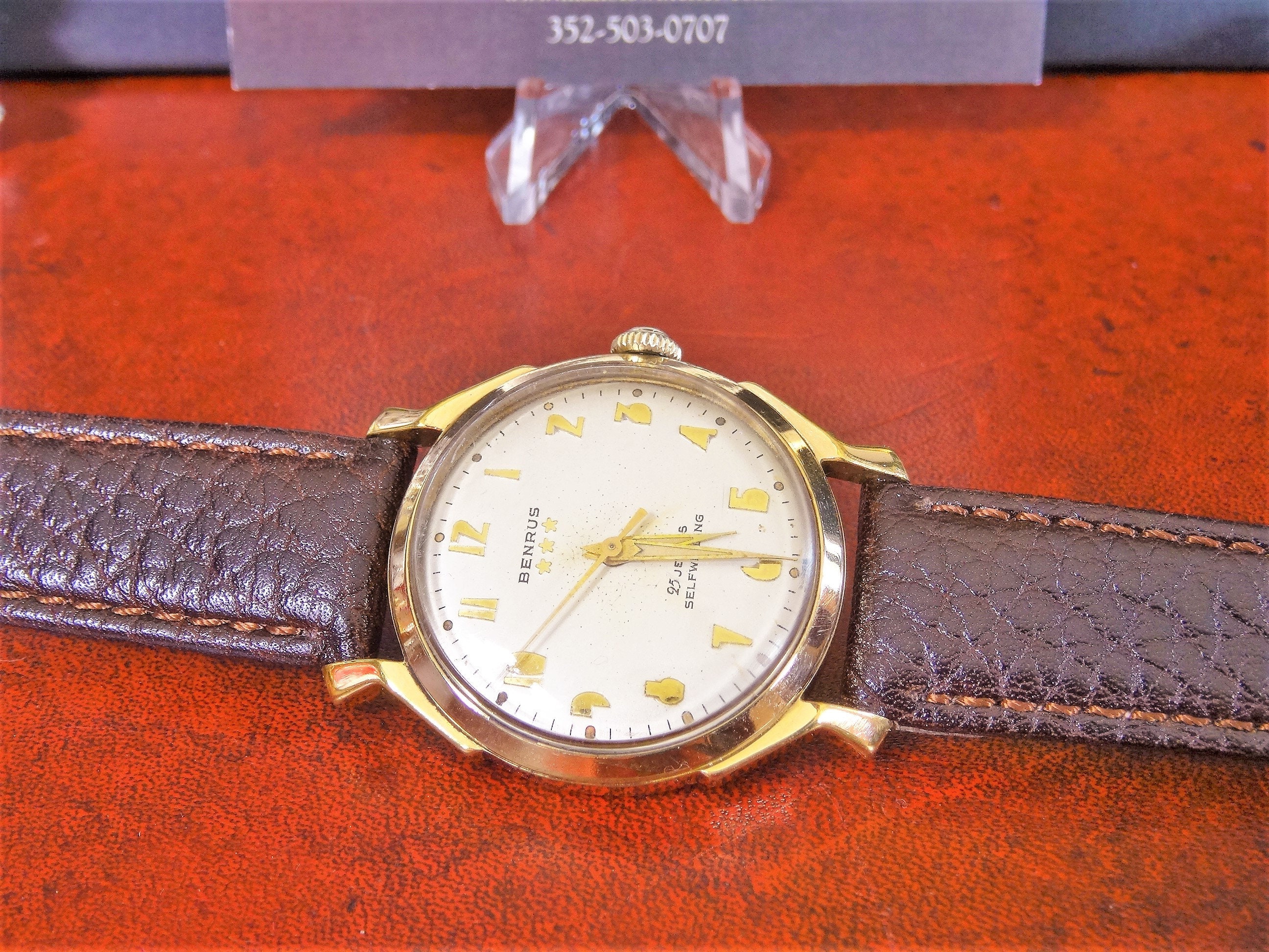 Vtg Benrus G.F. 3 Star Automatic Swiss 25-J Men's Watch W/ 18mm Leather ...