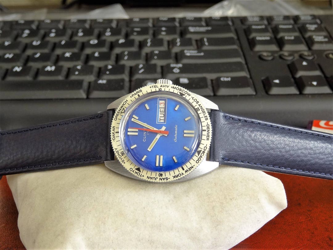 Vintage 1970s Clinton Automatic 17-jewels France Mens Watch W/ 18mm Gen ...