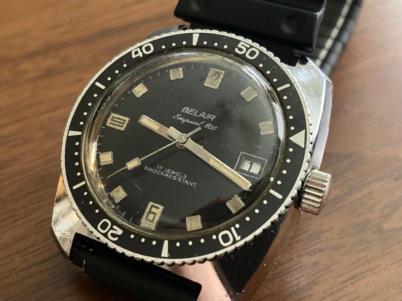 Vintage 1969 Belair Seapearl Diver Watch, Stainless Steel Black Band - Etsy