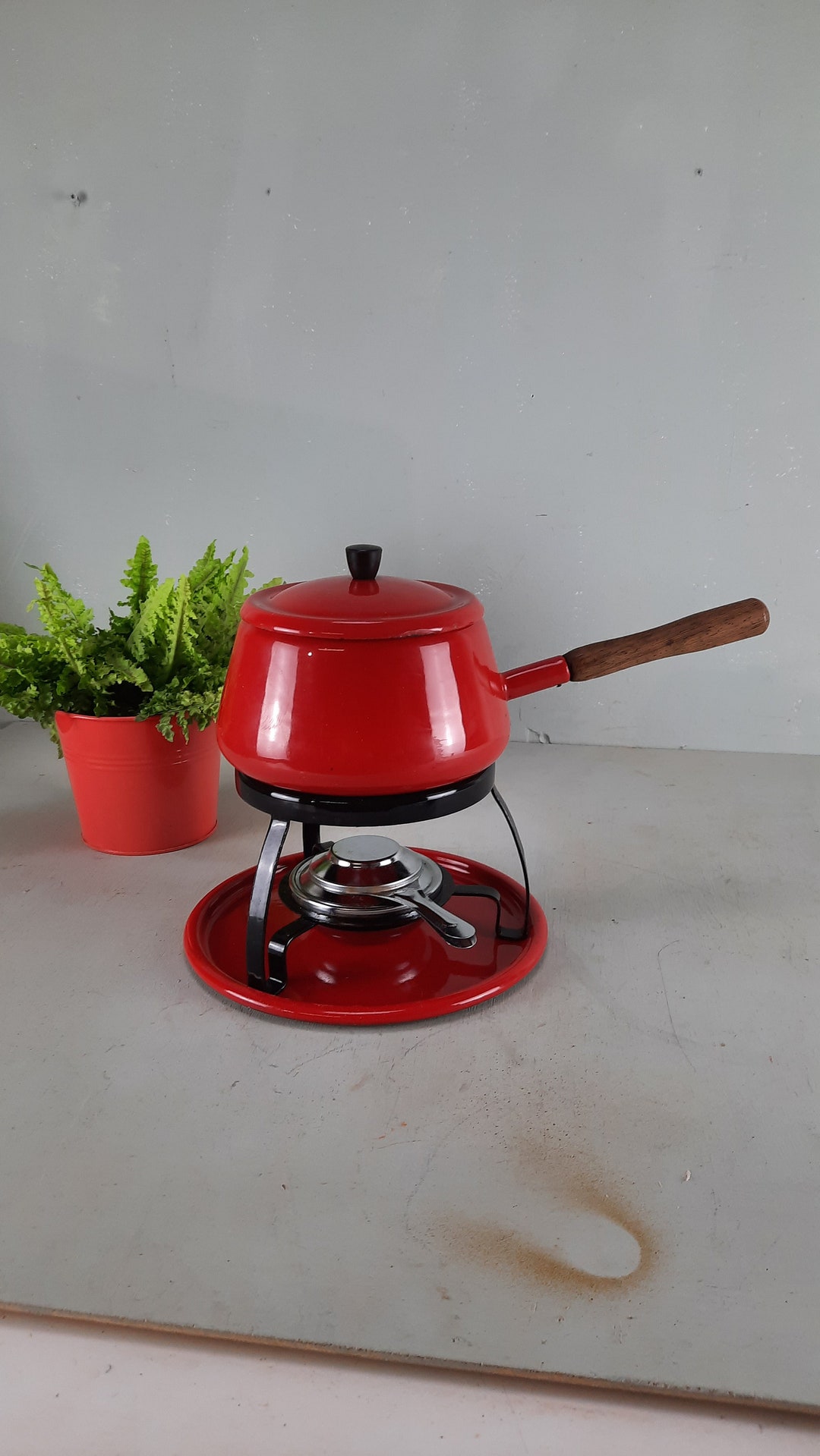 Vintage Fondue Set Red Enamel Retro - Etsy