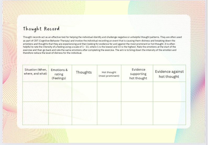 CBT Thought Log | Reprint Able| Track & Rate Emotions - Etsy
