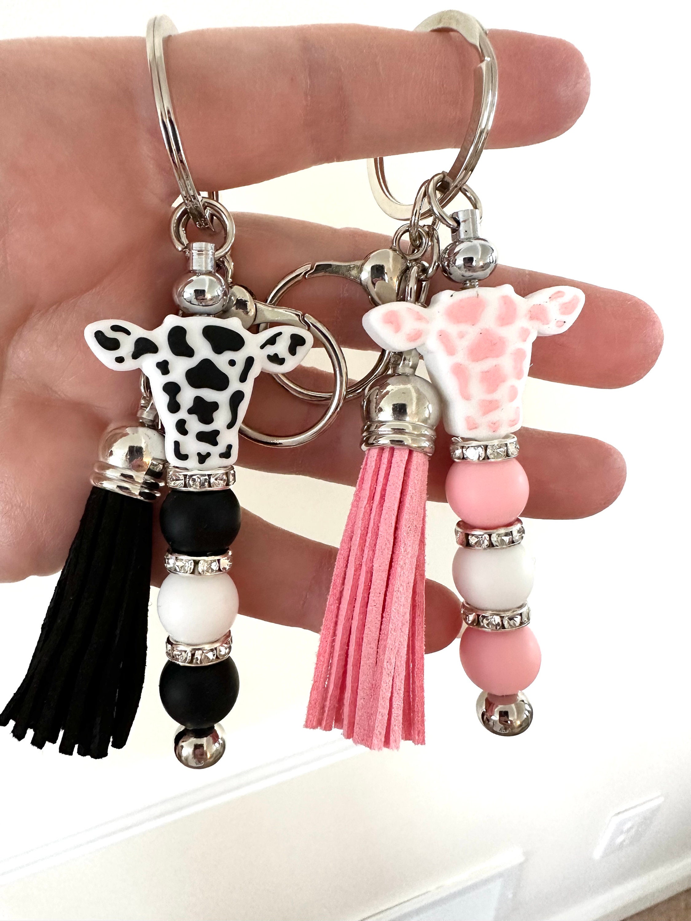 Cow Print Bead Keychain, Pink Cow Print Keychain, Black Cow Print ...
