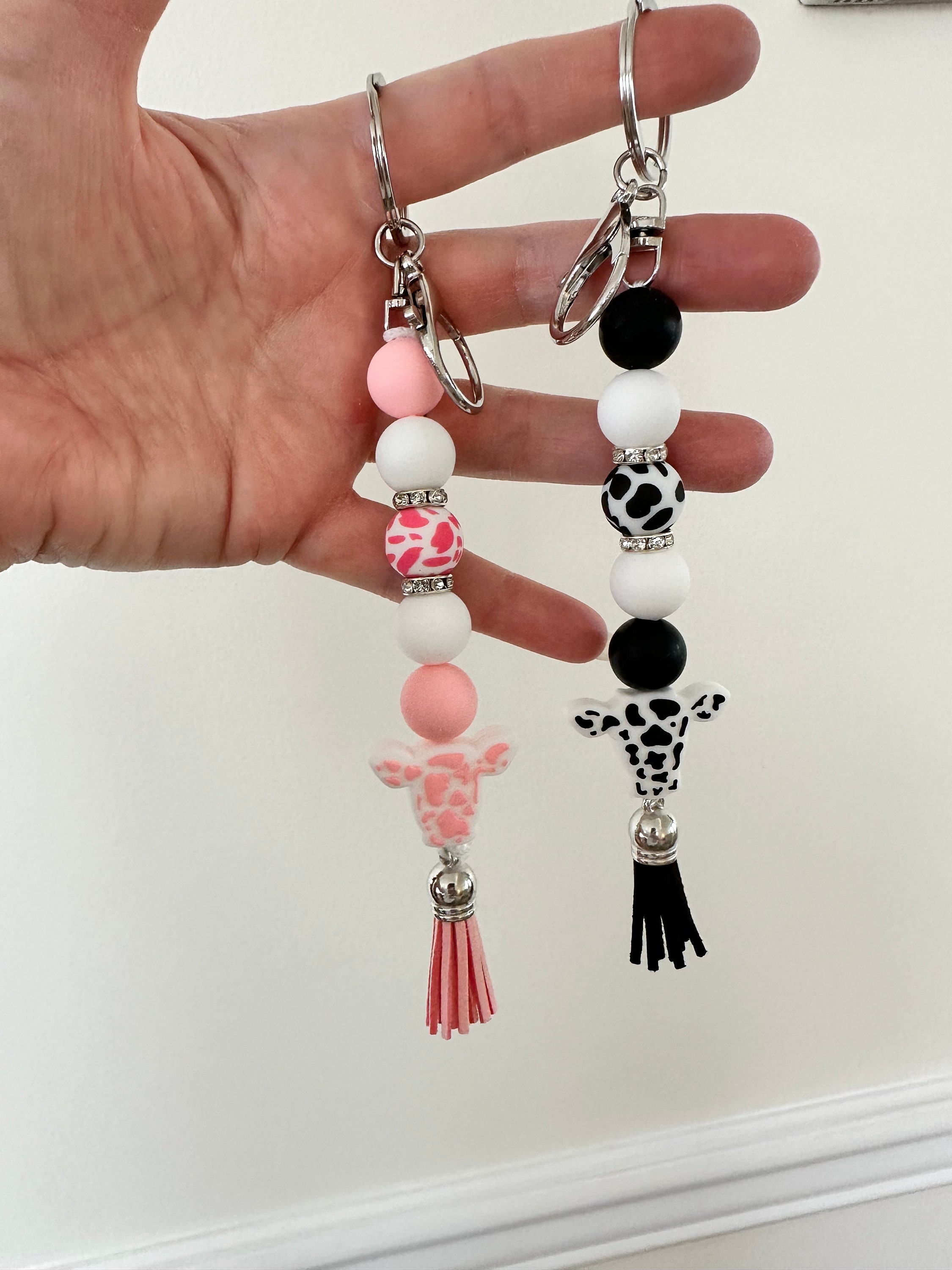 Cow Print Bead Keychain, Pink Cow Print Keychain, Black Cow Print ...