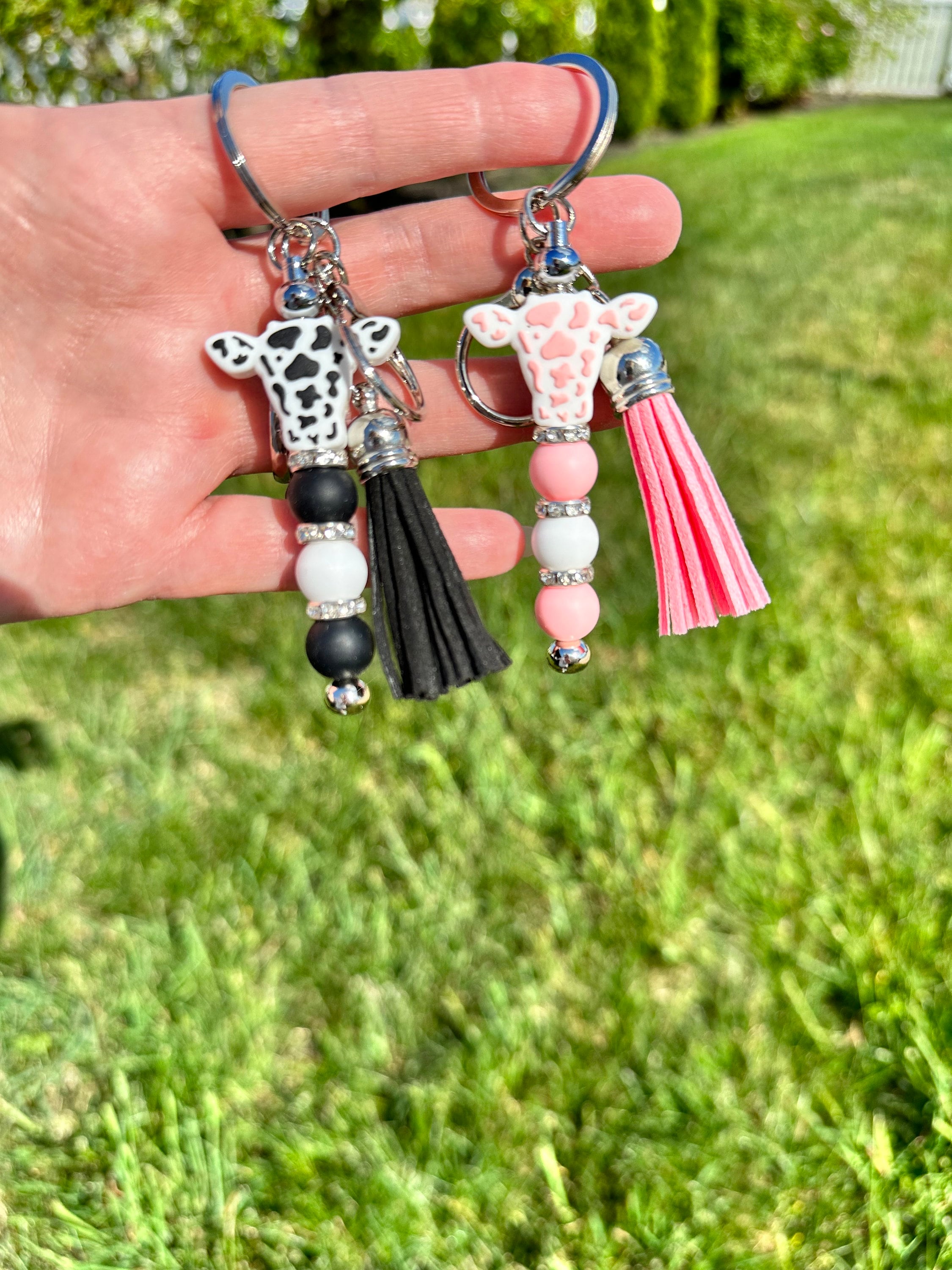 Cow Print Bead Keychain, Pink Cow Print Keychain, Black Cow Print ...