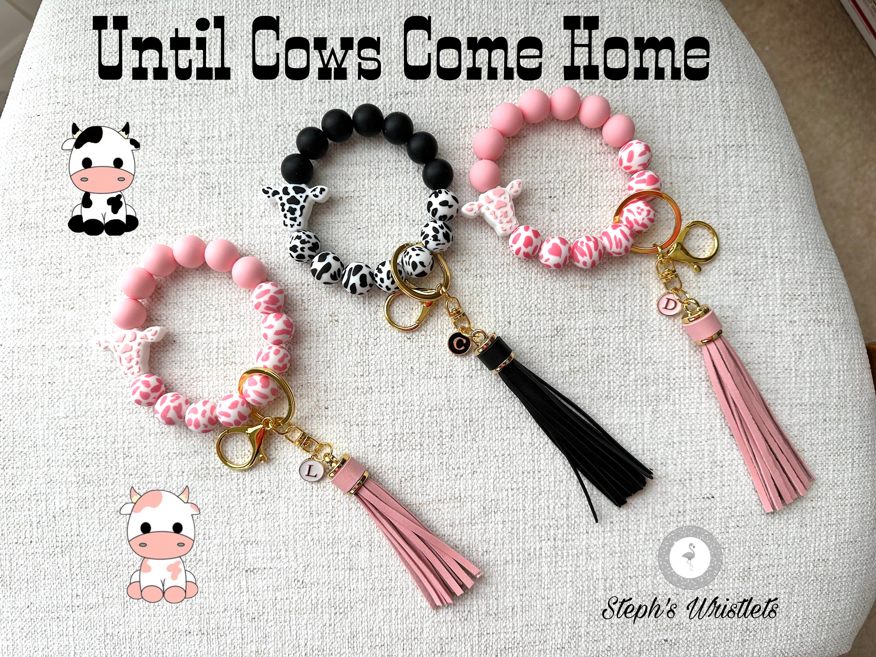 Cow Print Silicone Beads Bracelet Keychain, Pink Cow Print Silicone ...