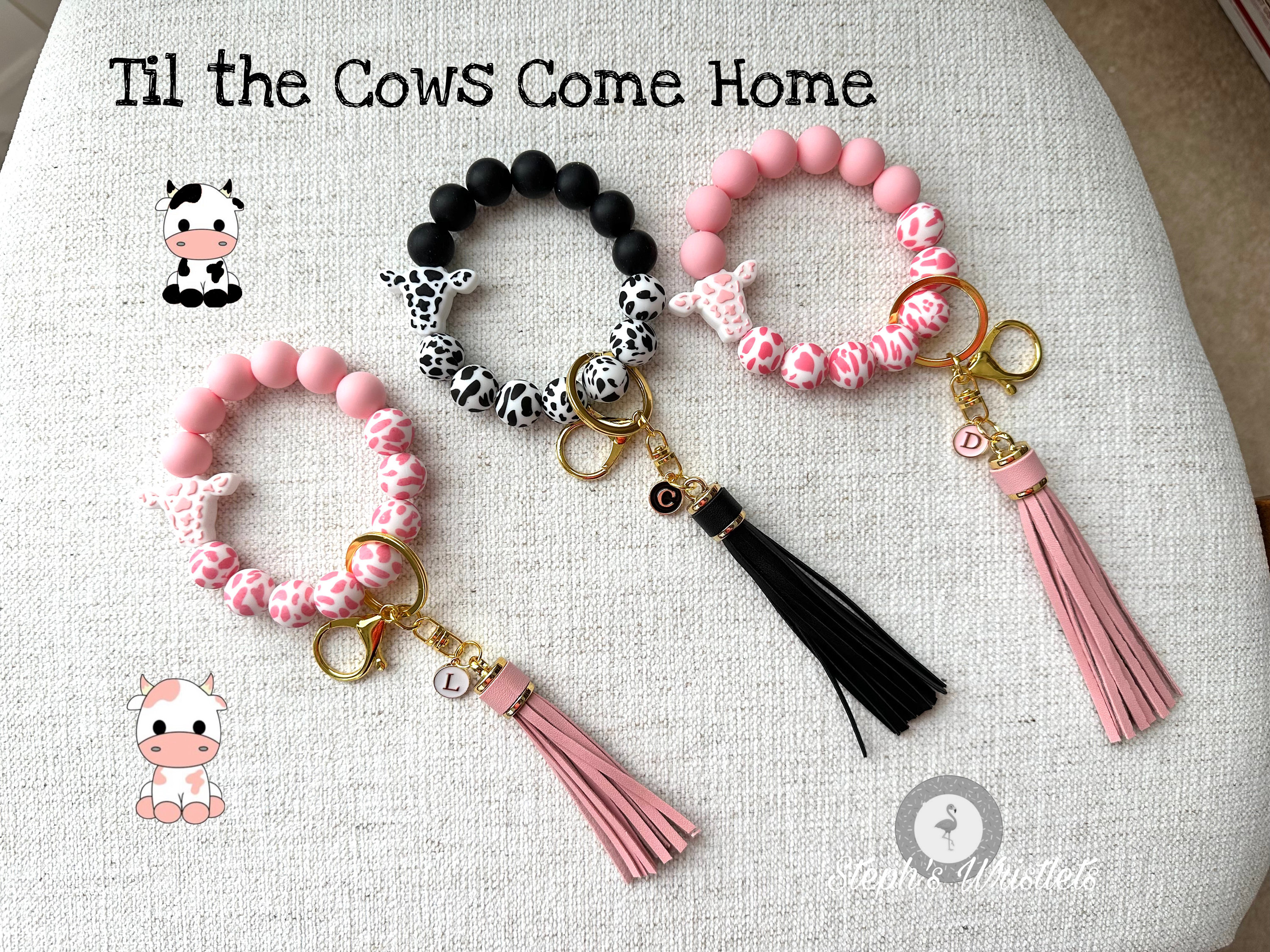 Cow Print Silicone Beads Bracelet Keychain, Pink Cow Print Silicone ...