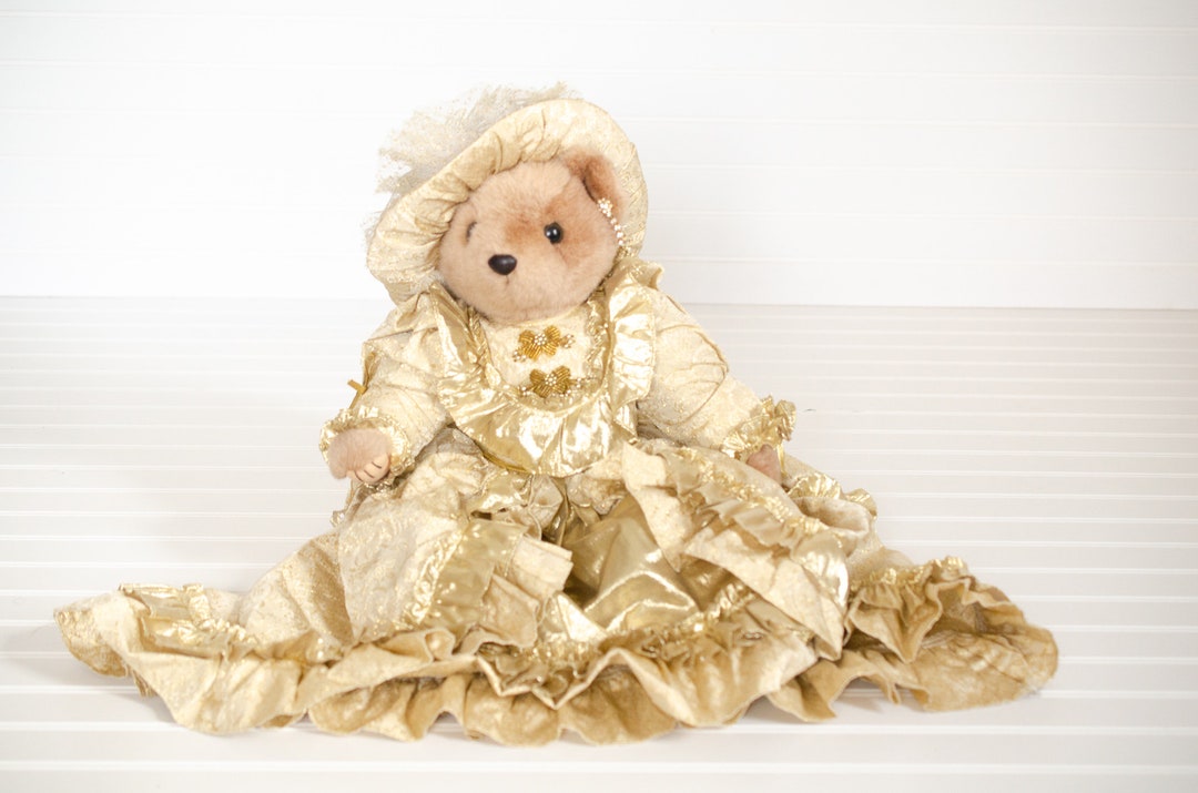 Vintage Bearly People Plush Toy Bear With Golden Dress and Hat Rare ...